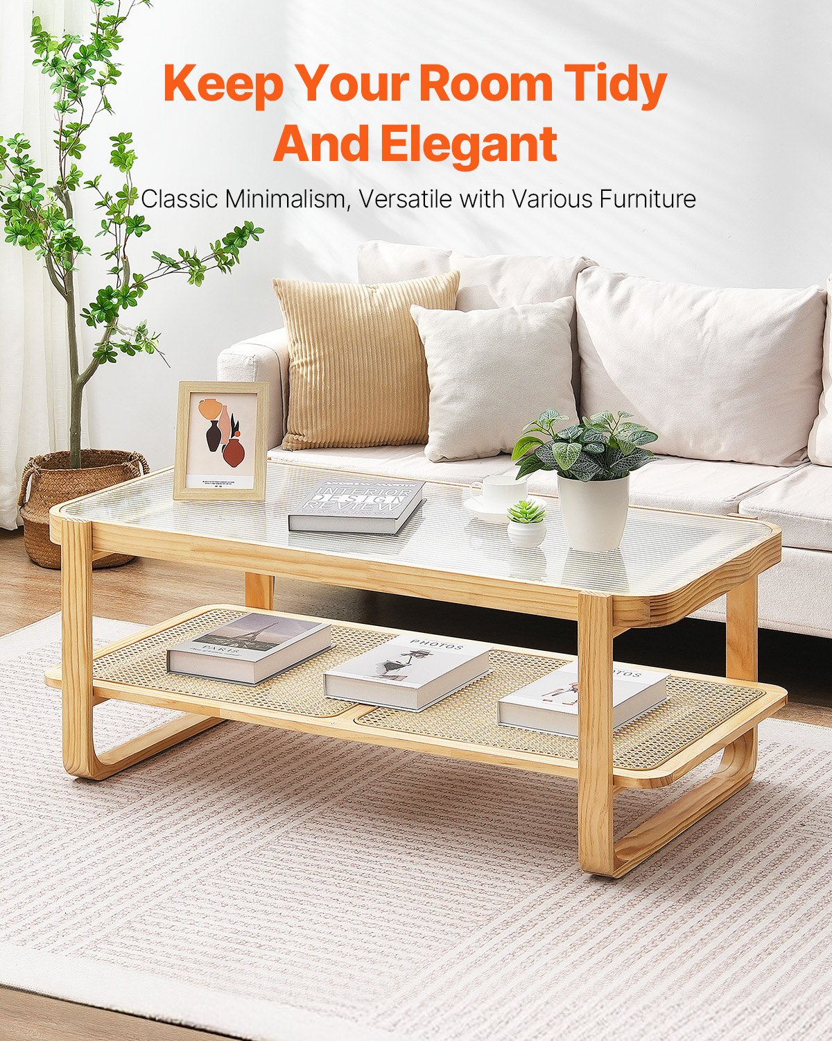 VEVOR Rattan Coffee Table Glass Top – 45" Rectangle, 90 lbs