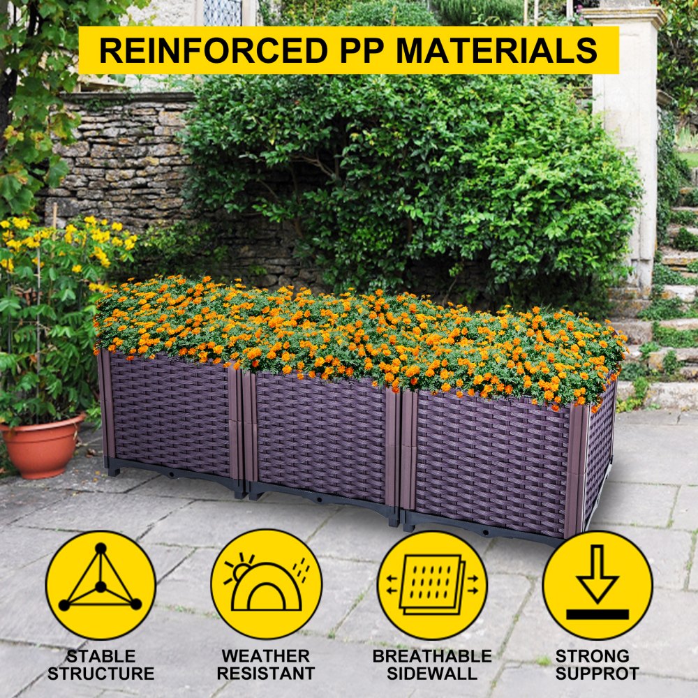 VEVOR Plastic Raised Garden Bed, 14.5" H Flower Box Kit, Brown Rattan ...