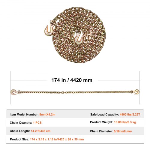 VEVOR G80 Transport Binder Chain, 5/16" x 14.2' Tow Chain with Clevis ...