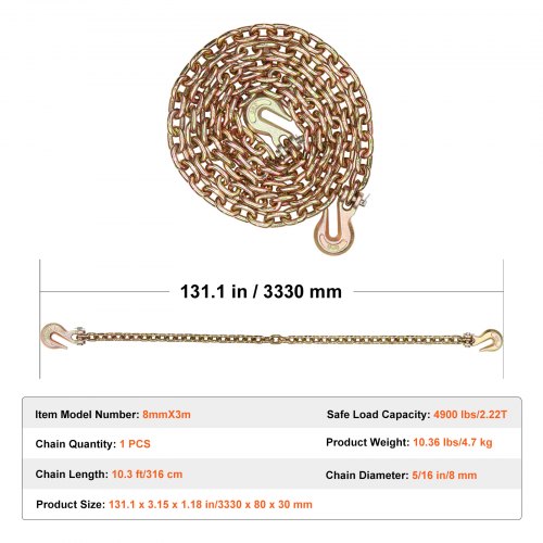 VEVOR Binder Chain G80 Tie Down Tow Chain with Two Hooks 5/16" x 10.3 ...