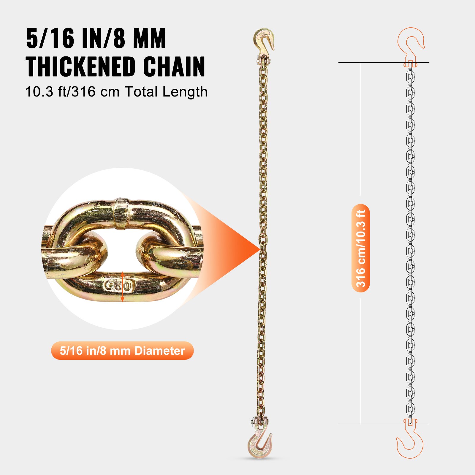 VEVOR G80 Transport Binder Chain, 5/16" x 10.3' Tow Chain with Clevis ...
