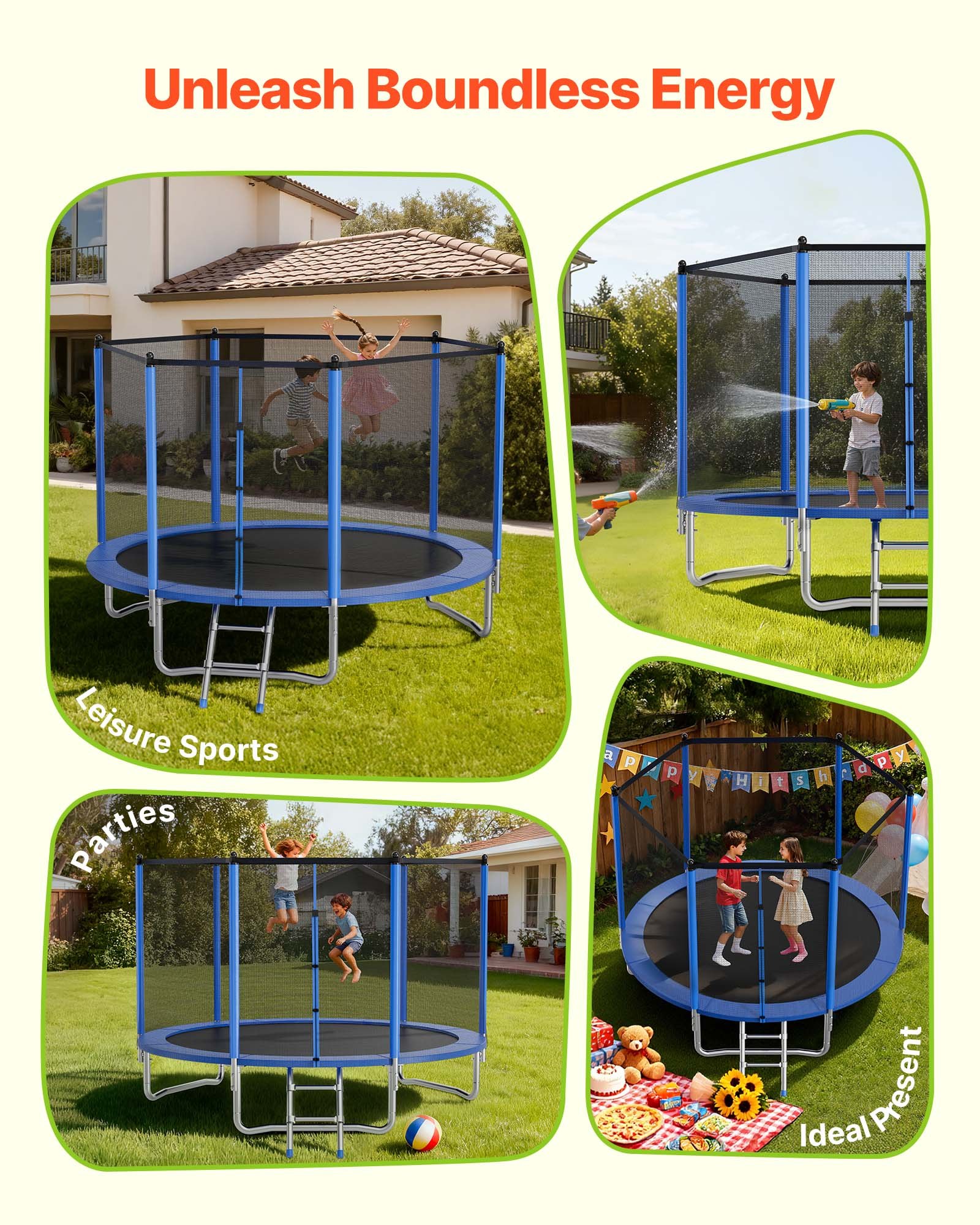 VEVOR 10FT Round Trampoline – Enclosure, 330 lbs Capacity