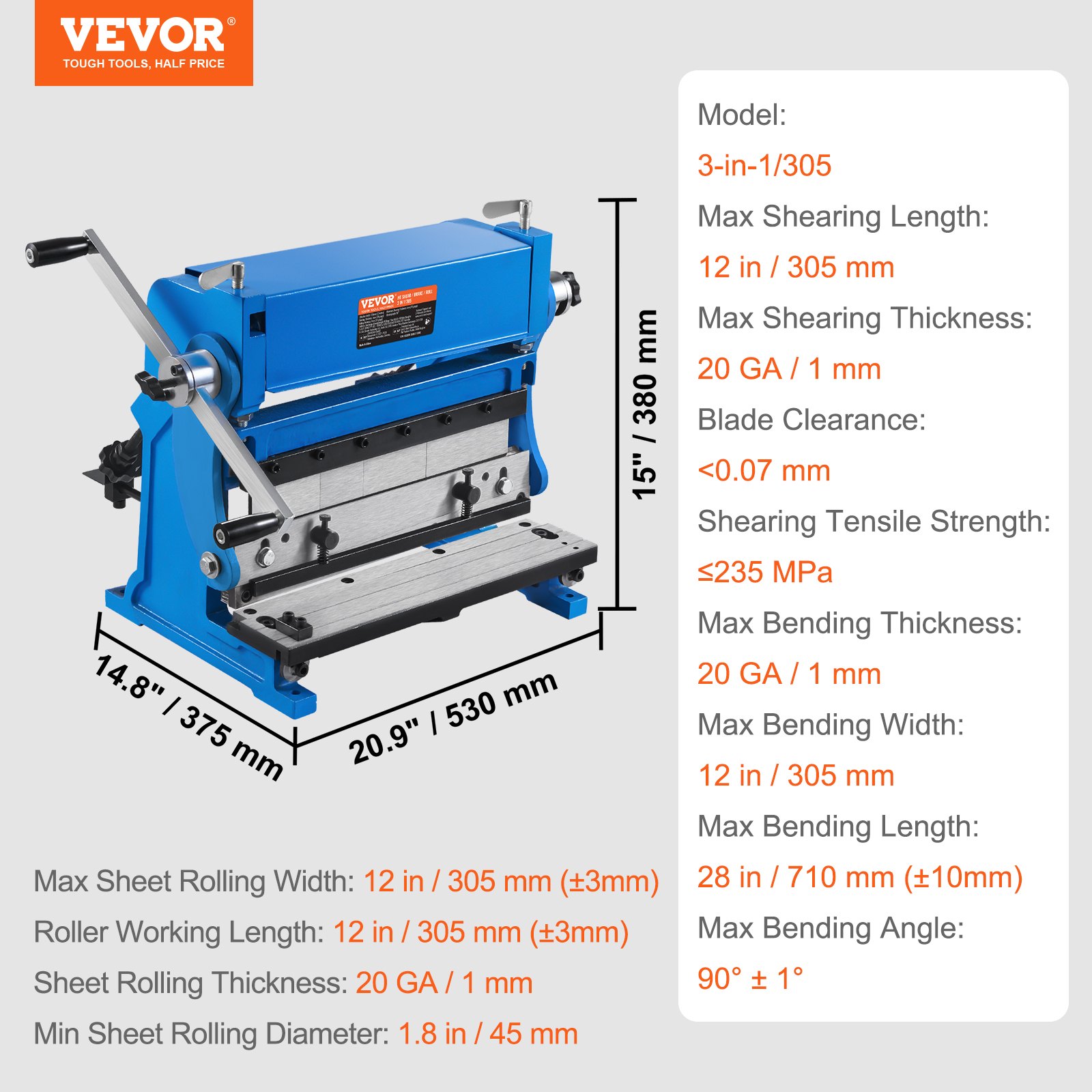 VEVOR Sheet Metal Brake, 12-inch, 3-In-1 Combination Shear Brake Roll Machine, 20-Gauge Capacity ...
