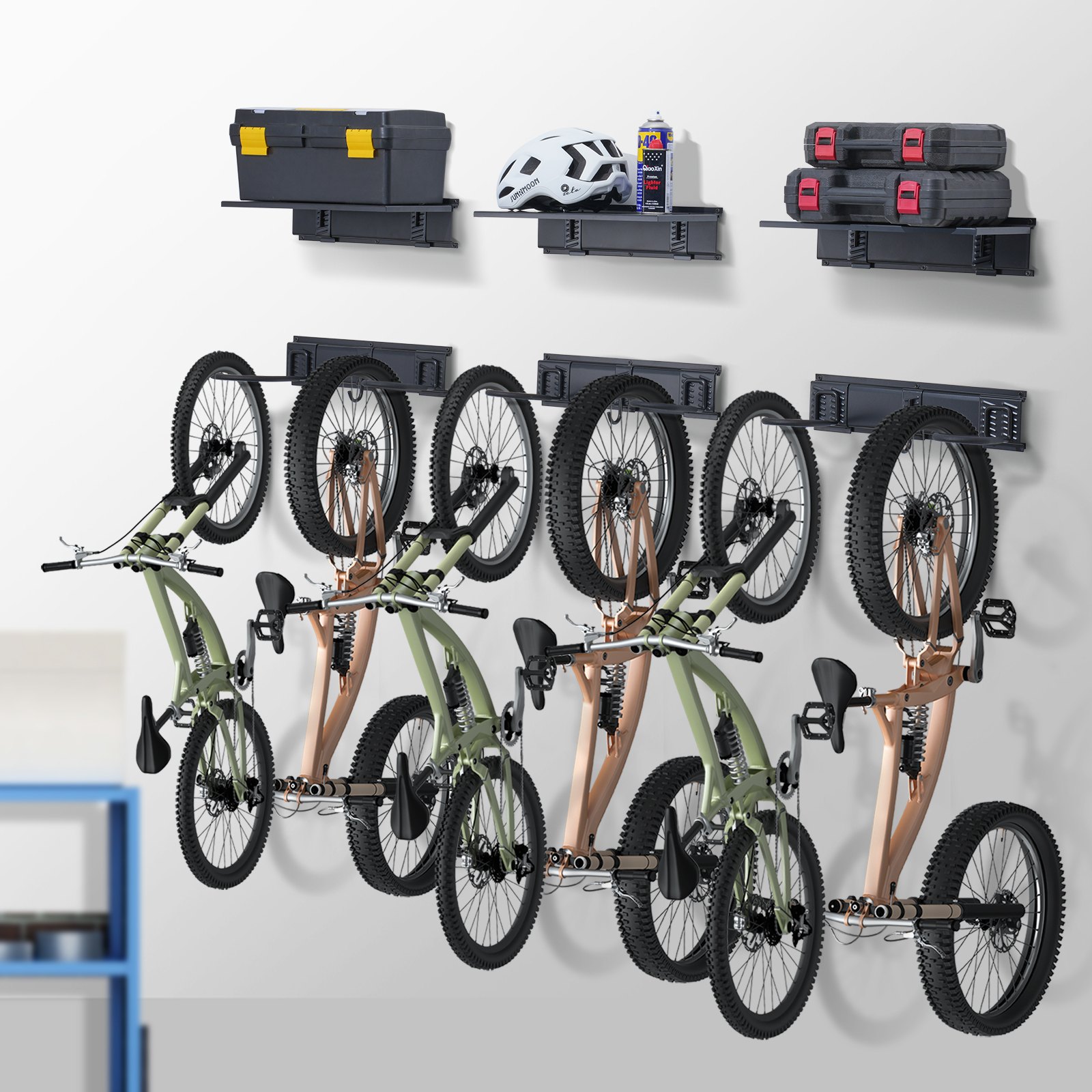 VEVOR Bike Storage Rack, 6 Bike Racks and 3 Helmets Hooks, Wall Mount ...
