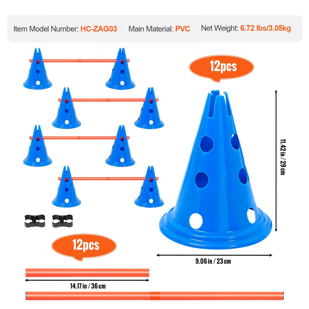VEVOR Dog Agility Hurdle Cone Set 6 PCS Kit-12 xCones 6 xAgility Rods ...