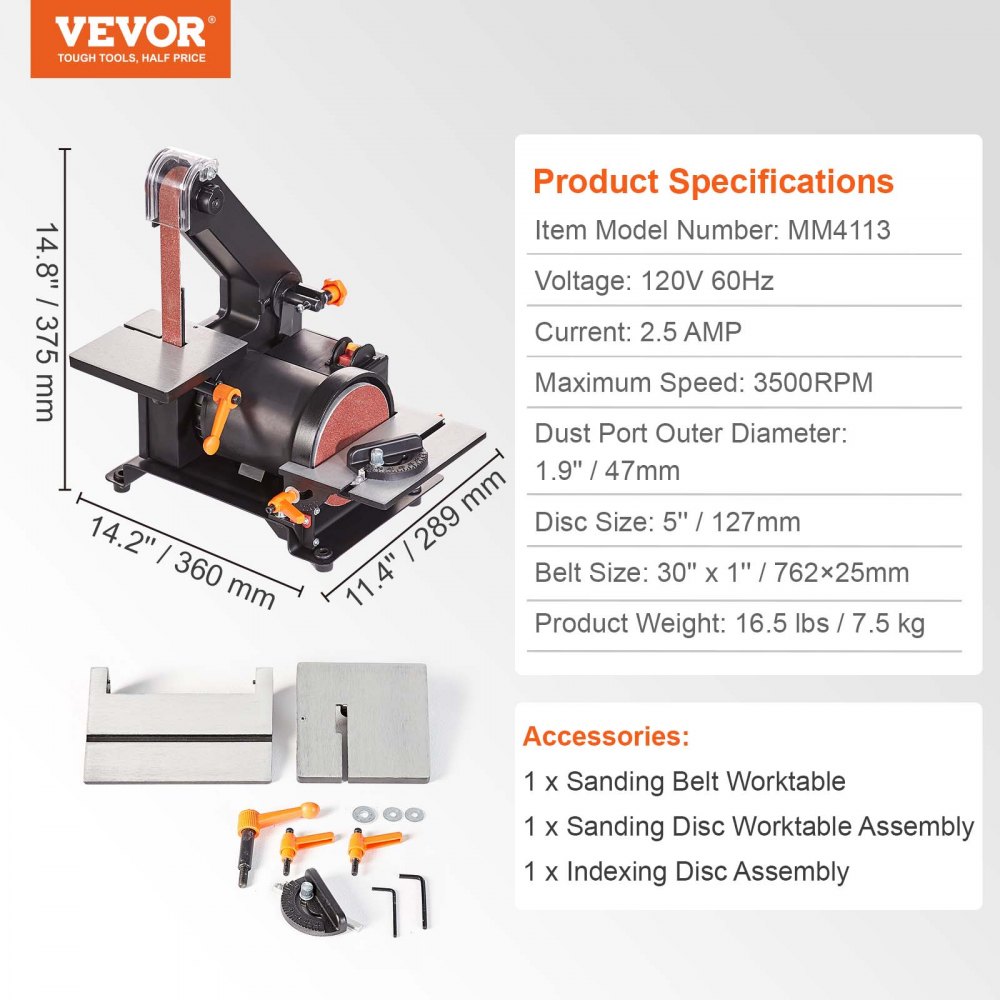 VEVOR 5" Disc Sander and 1" x 30" Belt Sander Combo with 2.5A Induction ...