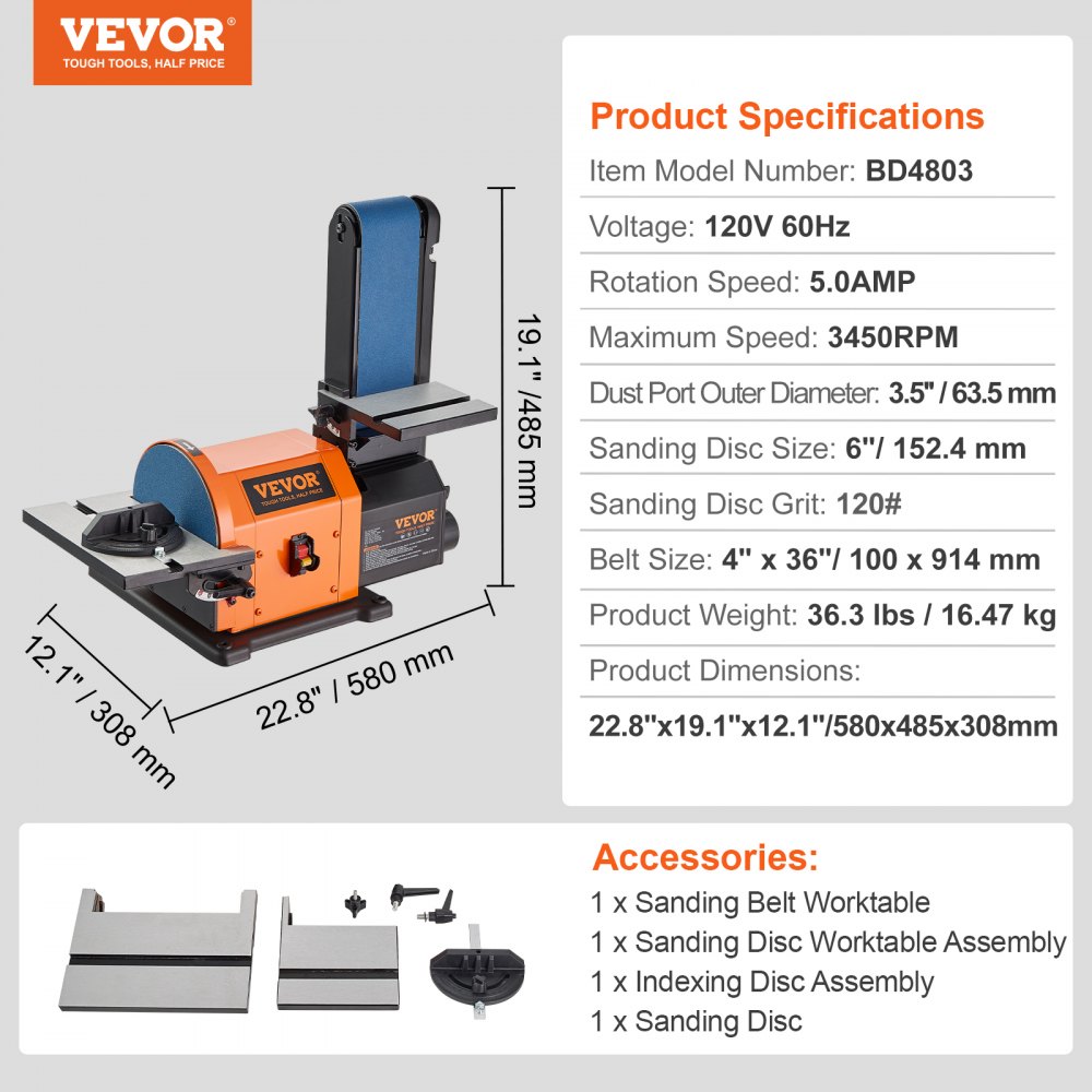 VEVOR Professional Belt Sander, 6" Disc Sander and 4 x 36 in. Belt ...