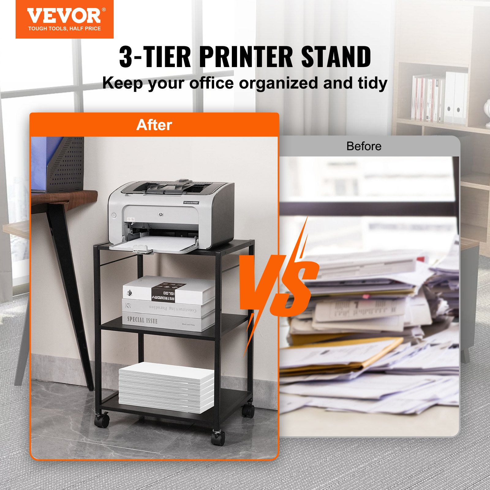 VEVOR Printer Stand, 3-Tier Rolling Printer Cart, Printer Table with 4 ...