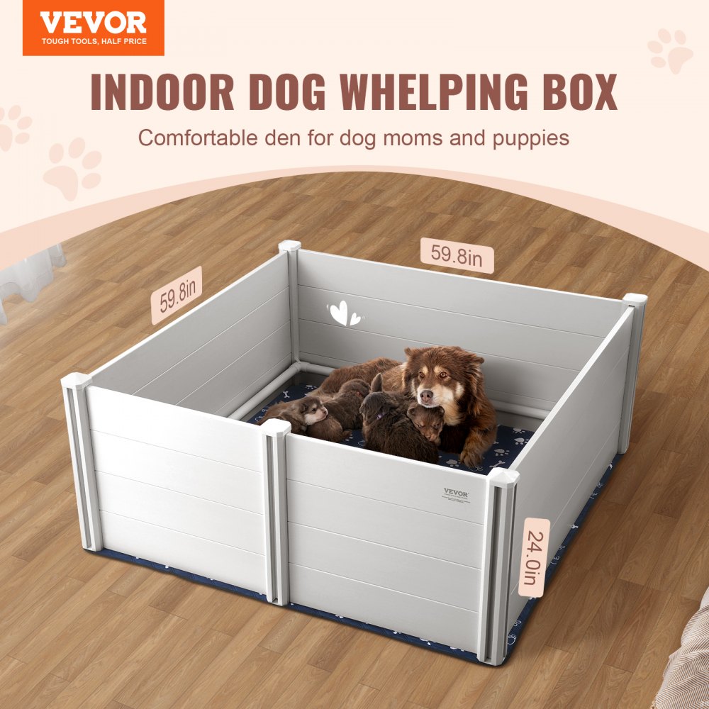 VEVOR Dog Whelping Box, 59.8 x 59.8 x 24.0in Whelping Box for Dogs and ...
