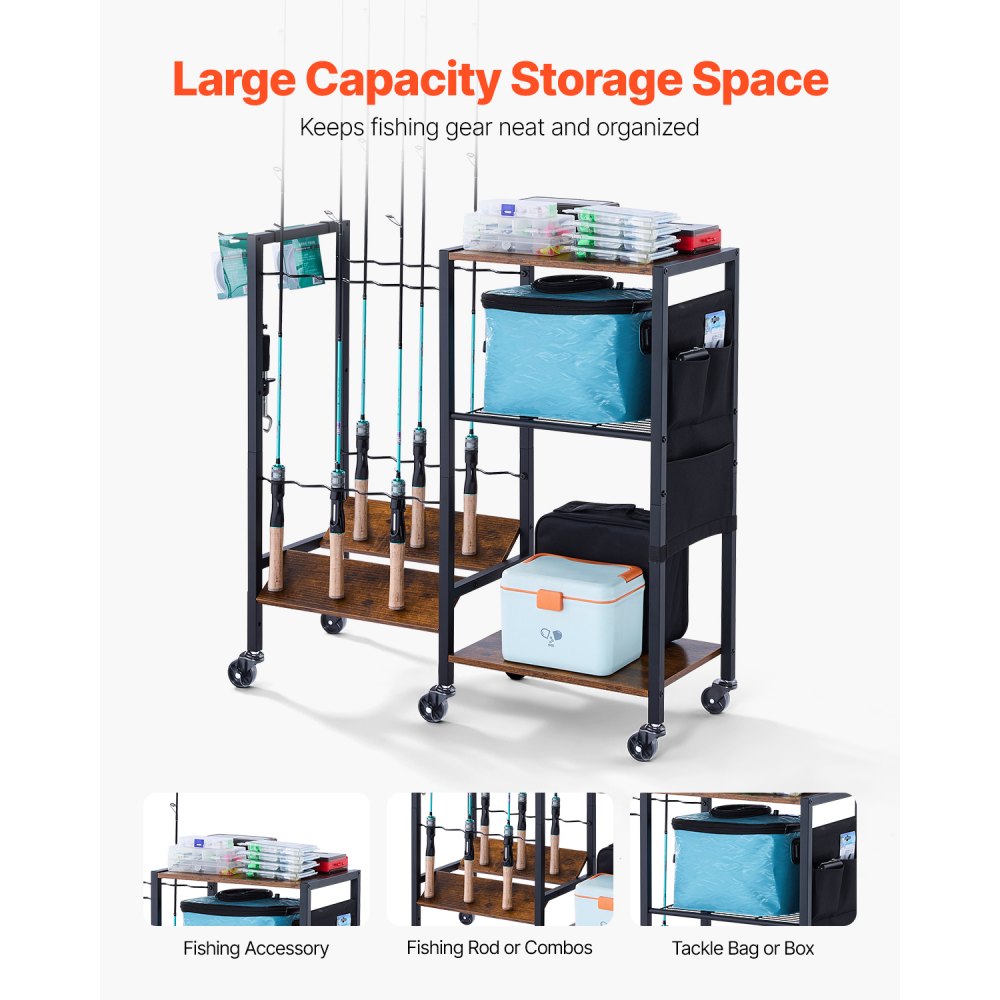 VEVOR Fishing Rod Rack with Storage – 12 Rod, 6 Wheel, 360°