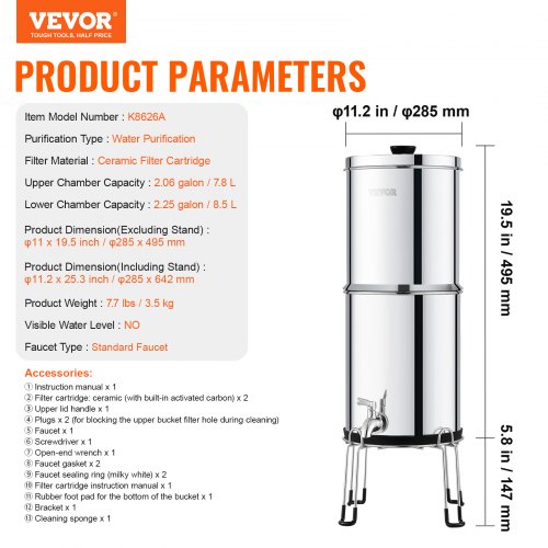 VEVOR 2.25G Gravity-fed Water Filter Countertop System Stainless Steel ...