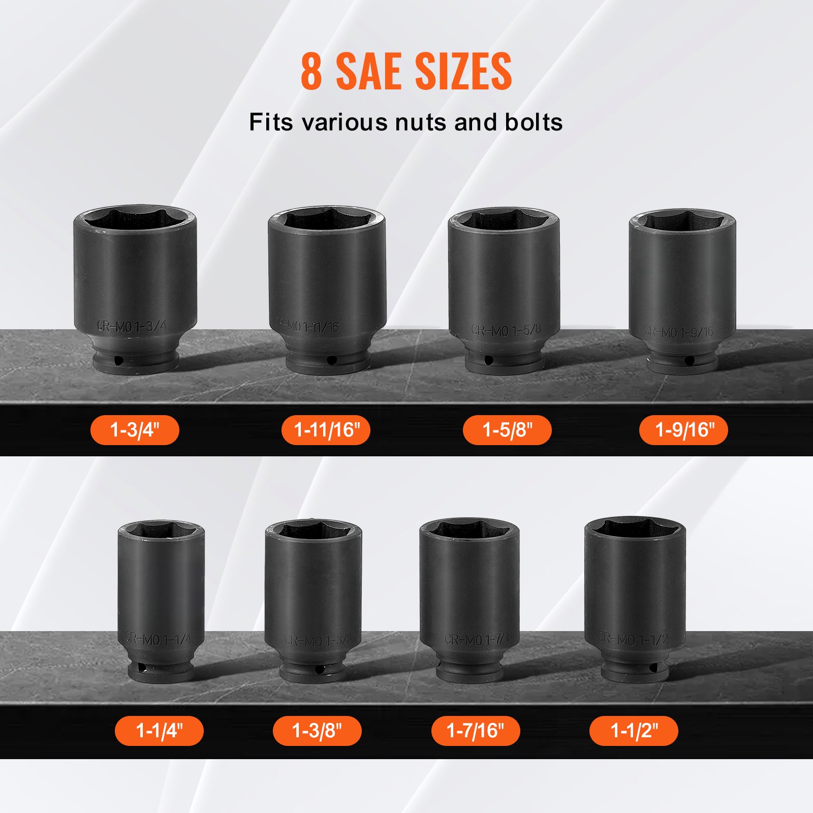 VEVOR Axle Nut Impact Socket Set 1/2" Drive Deep 6-Point 8PCS SAE Nut Socket | VEVOR US