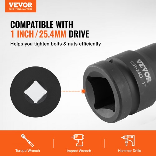 VEVOR Axle Nut Impact Socket Set, 1" Drive 6-Point 9-Piece SAE Spindle ...