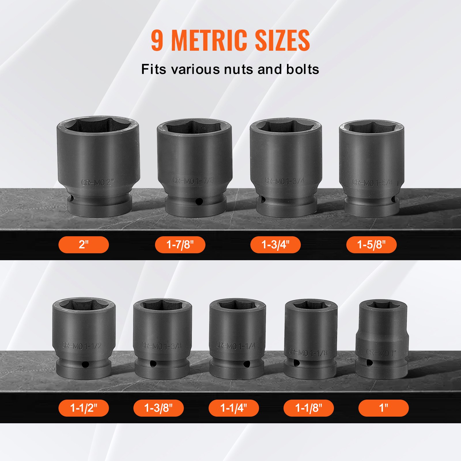 VEVOR Axle Nut Impact Socket Set 1" Drive 6-Point 9PCS SAE Spindle Nut ...