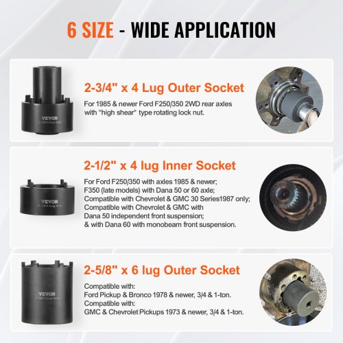 VEVOR Spindle Nut Socket Tool Kit 1/2 inch Drive 6 Piece Axle Hub Nut ... VEVOR Spindle Nut Socket Tool Kit 1/2 inch Drive 6 Piece Axle Hub Nut ...