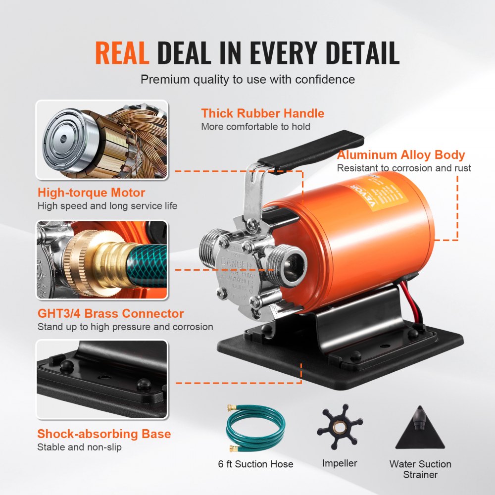 VEVOR Water Transfer Pump, 12V DC 360 GPH 1/10HP, Portable Electric ...