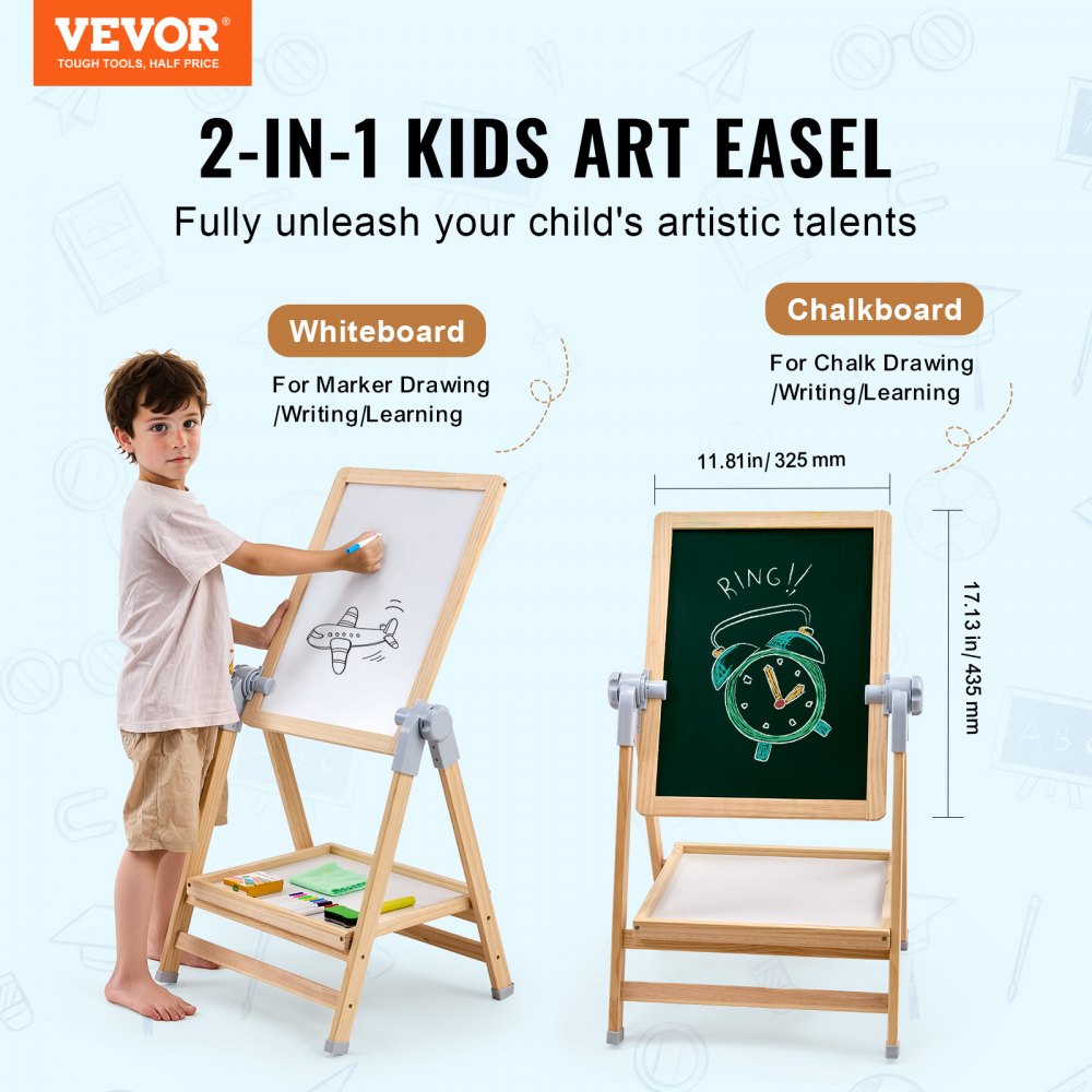 VEVOR 2-in-1 Kids Art Easel Double-Sided Wooden Magnetic Whiteboard ...