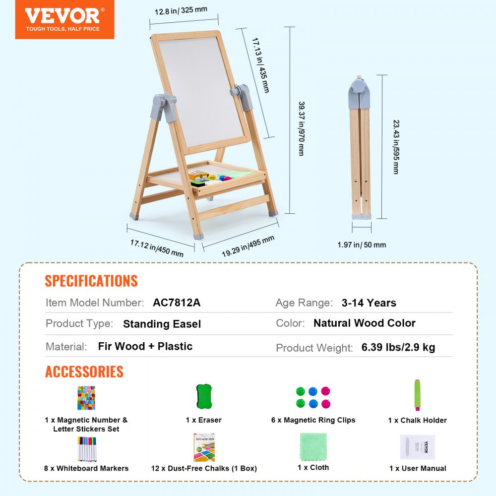 VEVOR 2-in-1 Kids Art Easel Double-Sided Wooden Magnetic Whiteboard ...