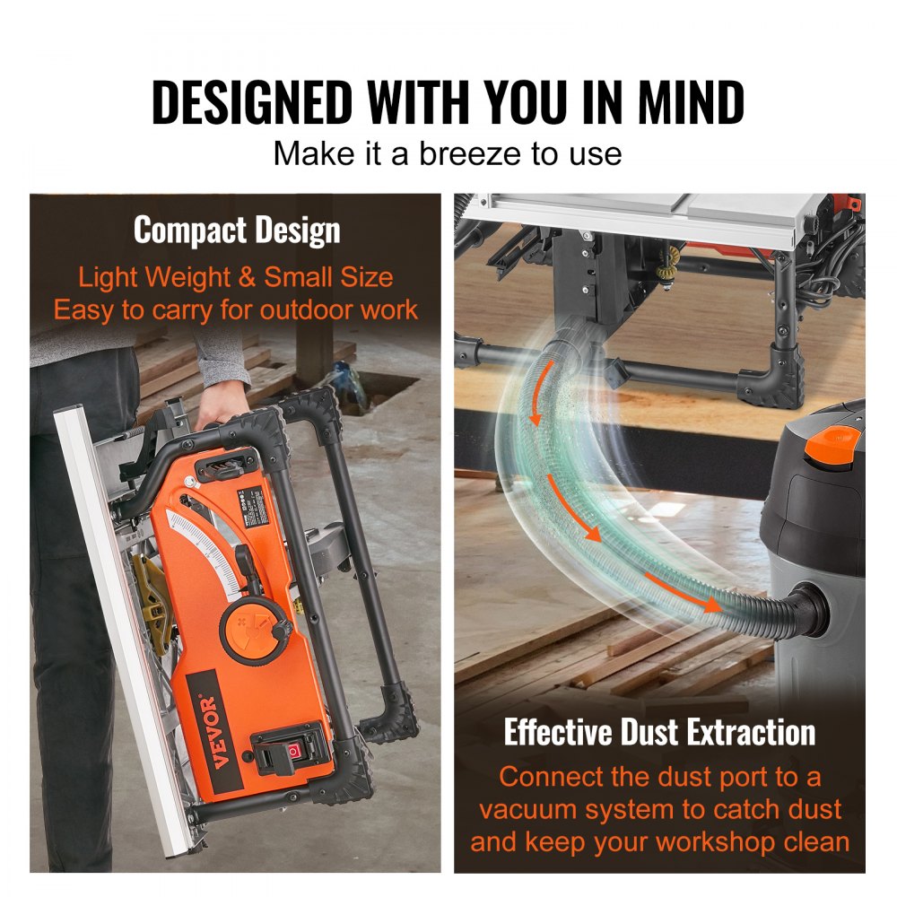 VEVOR Table Saw for Jobsite, 10-inch 15-Amp, 25-in Max Rip Capacity ...