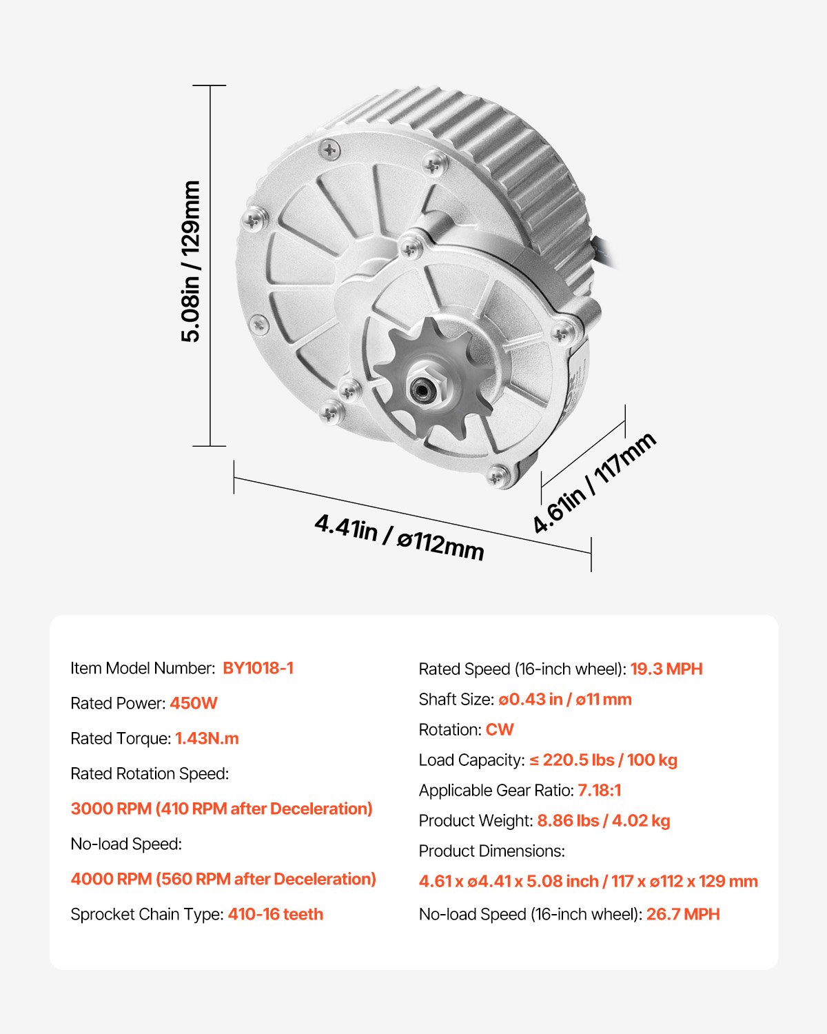VEVOR DC Brush Motor – 450W, 36V, 3000 RPM, 26.7 MPH, 100%