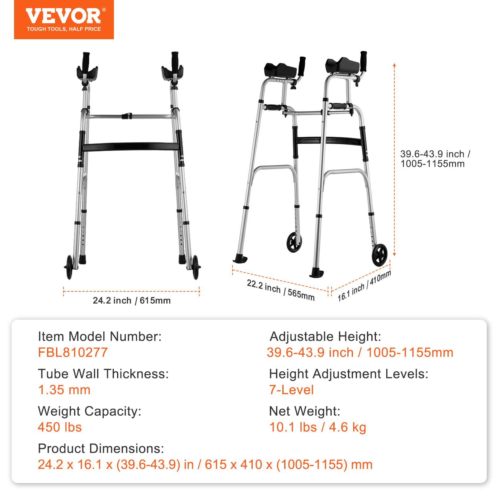 VEVOR 2 in 1 Folding Walker with Armrest Pads & 5" Solid Wheel Height ...