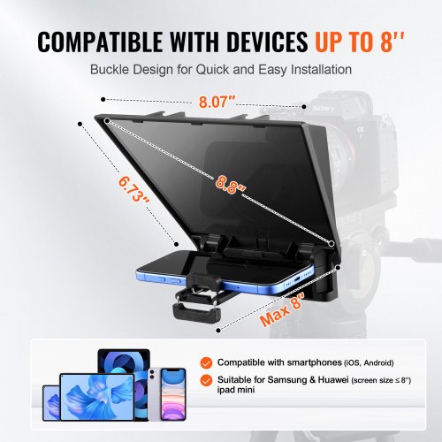 VEVOR Teleprompter, 8" Aluminum Alloy, Desktop Prompter with Adjustable ...