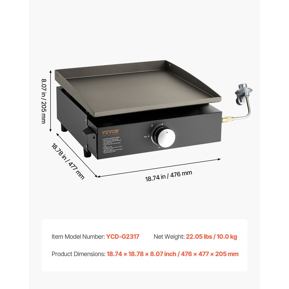 VEVOR Commercial Griddle, 16.9" Heavy Duty Manual Flat Top Griddle ...