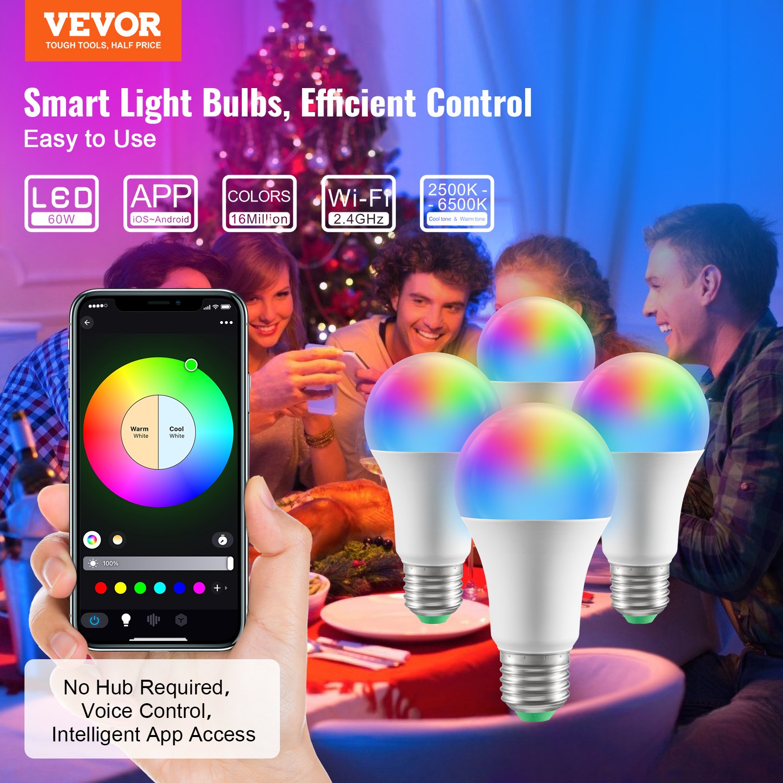 VEVOR Smart Light Bulbs, 4-Pack, 9W Multicolor LED Bulbs, 800 Lumens ...