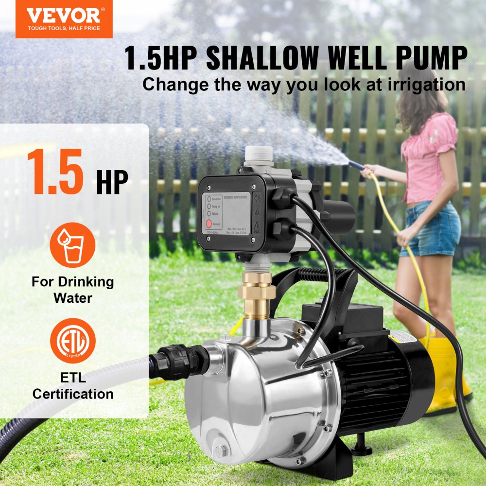 VEVOR Shallow Well Pump Portable Jet Pump w/ Auto Controller 1.5HP ...