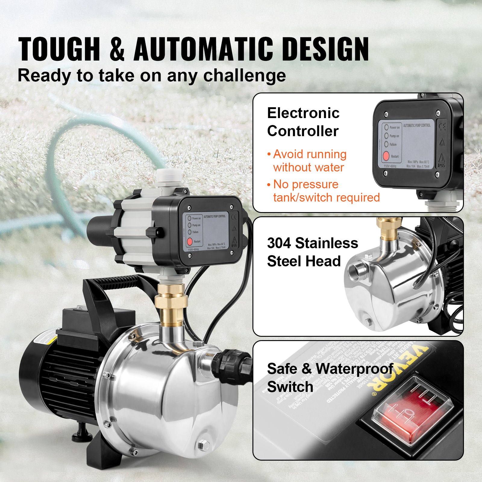 VEVOR Shallow Well Pump Portable Jet Pump w/ Auto Controller 1.5HP ...