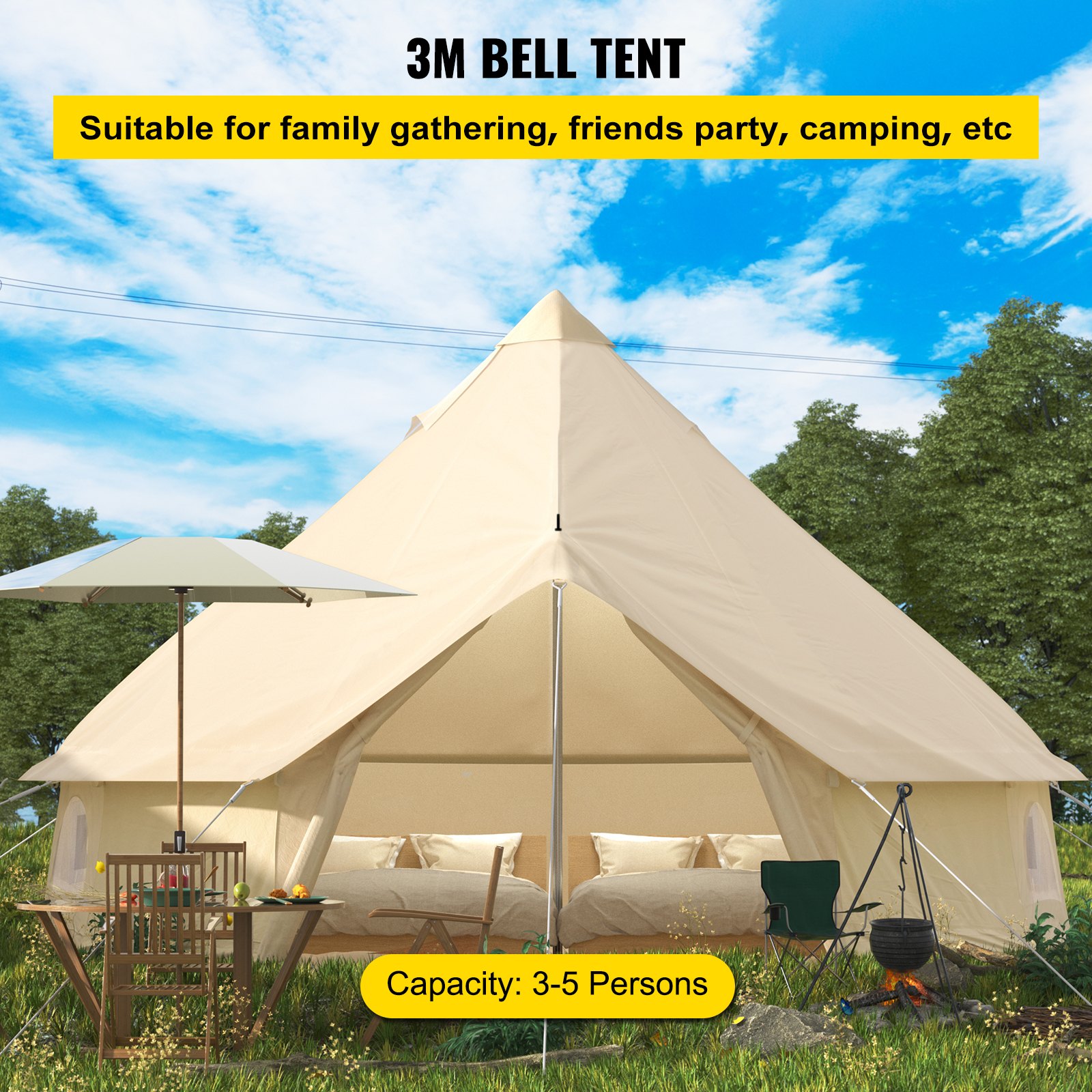VEVOR Bell Tent, 9.8ft/3m 100% Cotton Canvas Yurt Tent - w/Stove Jack ...