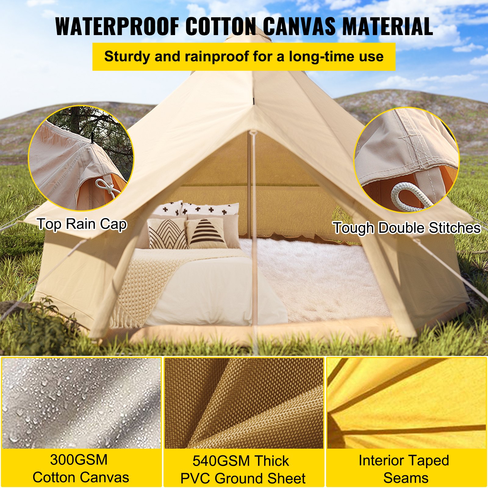 VEVOR Bell Tent, 9.8ft/3m 100% Cotton Canvas Yurt Tent - w/Stove Jack ...