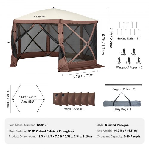 VEVOR Pop Up Gazebo Tent, Pop-Up Screen Tent 6 Sided Canopy Sun Shelter ...