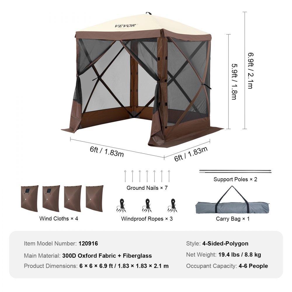 VEVOR Pop Up Gazebo Tent, Pop-Up Screen Tent 4 Sided Canopy Sun Shelter ...