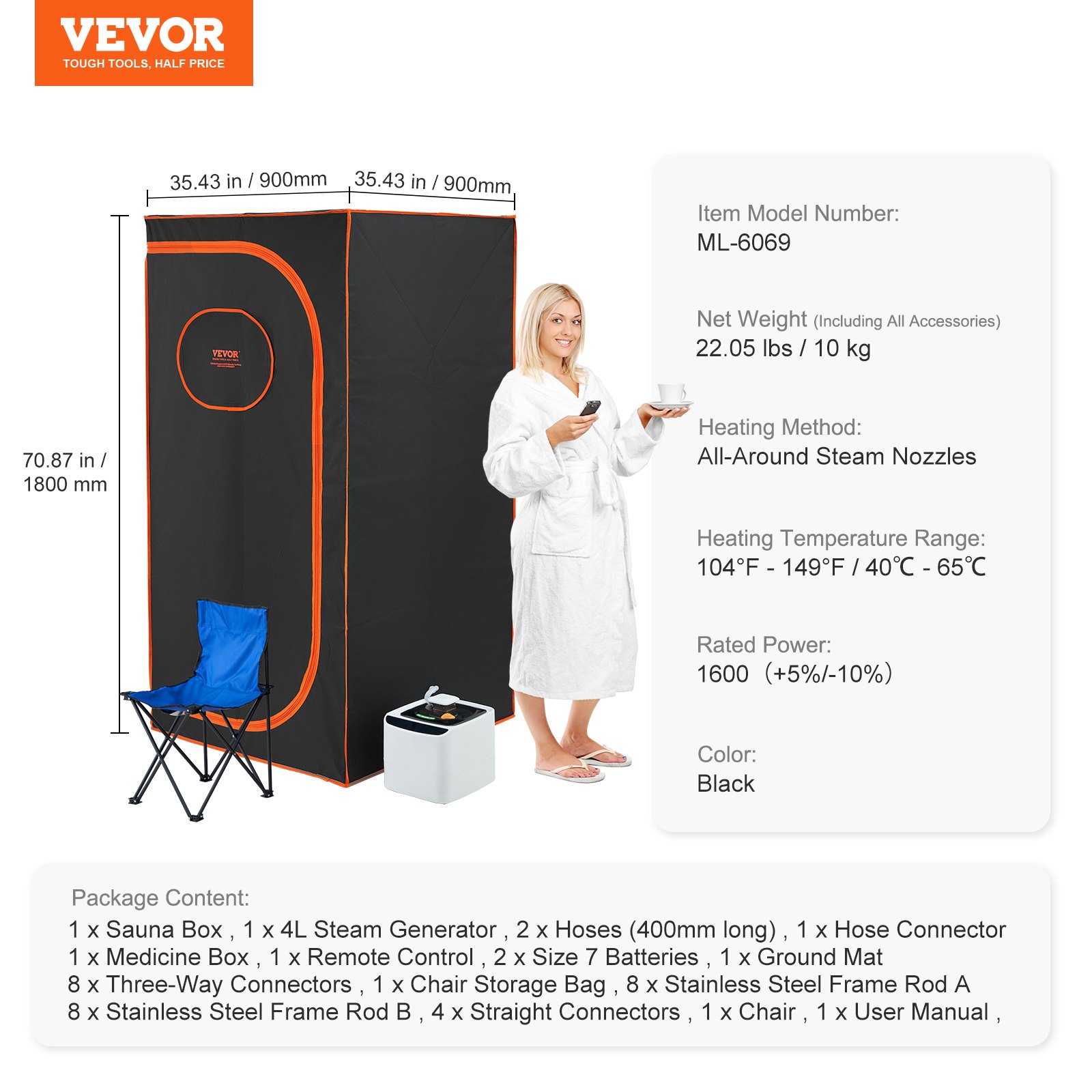 VEVOR Portable Steam Sauna Tent Full Size, 1600W Personal Sauna Blanket ...