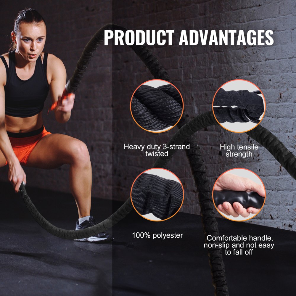 VEVOR Battle Rope 1.5" 30Ft Gym Workout Strength Training Exercise ...