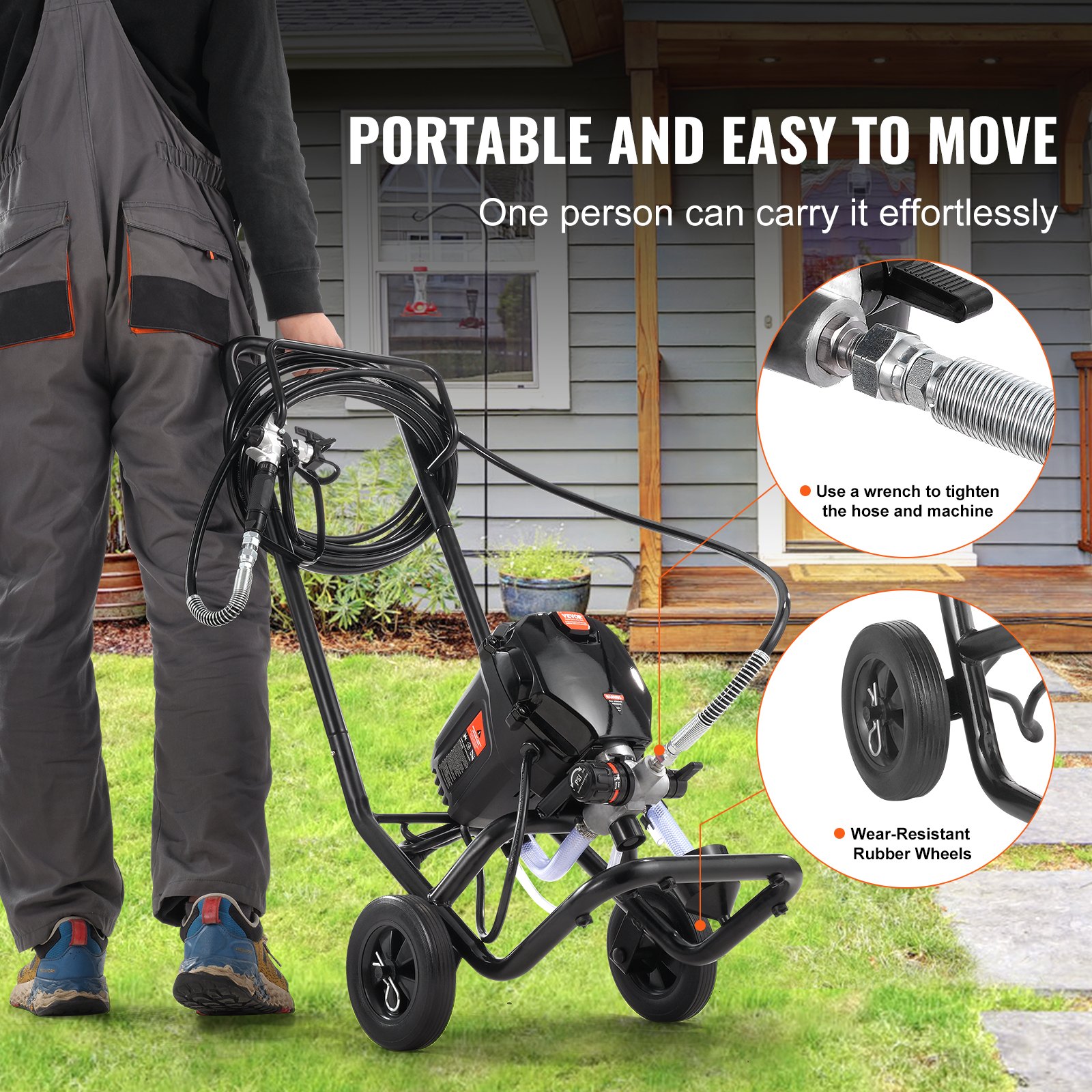 VEVOR 750W Stand Airless Paint Sprayer, 3000PSI High Efficiency Electric Airless Sprayer With ...