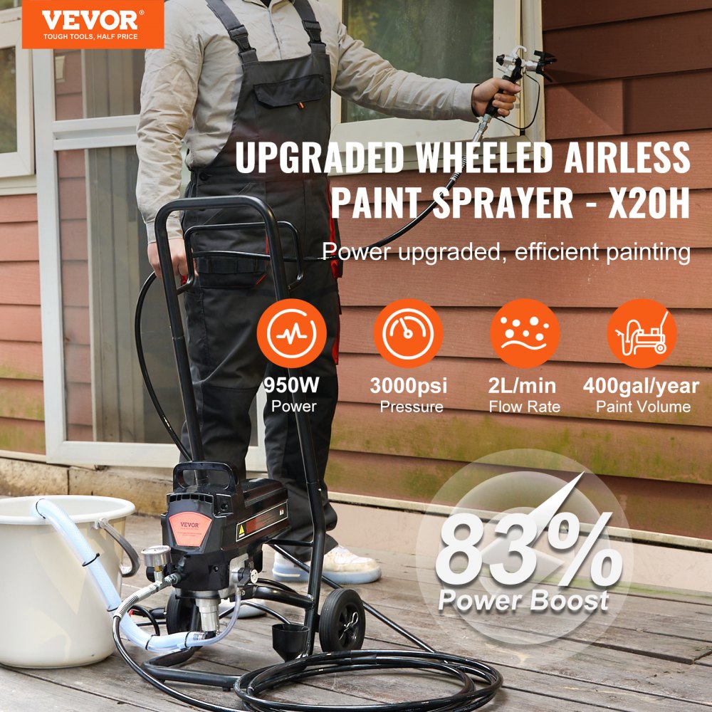 VEVOR Stand Airless Paint Sprayer, 950W 3000PSI High Efficiency Electric Airless Sprayer With ...