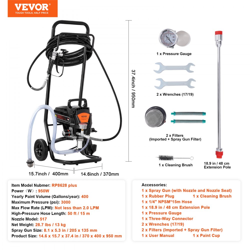VEVOR Stand Airless Paint Sprayer, 950W 3000PSI High Efficiency ...