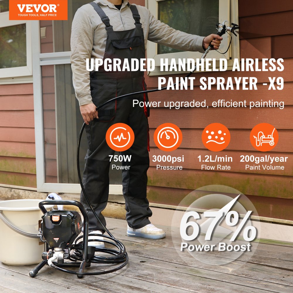 VEVOR Stand Airless Paint Sprayer, 750W 3000PSI High Efficiency Electric Airless Sprayer, Fine ...