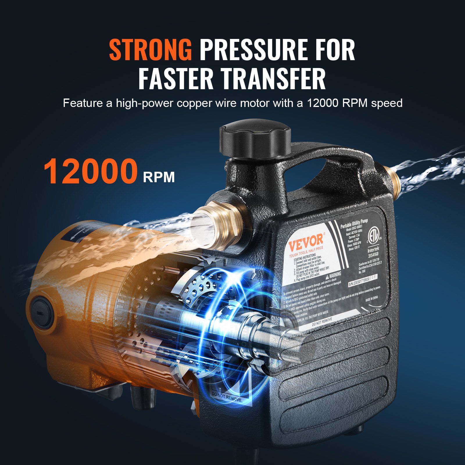 VEVOR Cast Iron Water Transfer Pump, 115V AC 1600 GPH 1/2HP, Portable ...