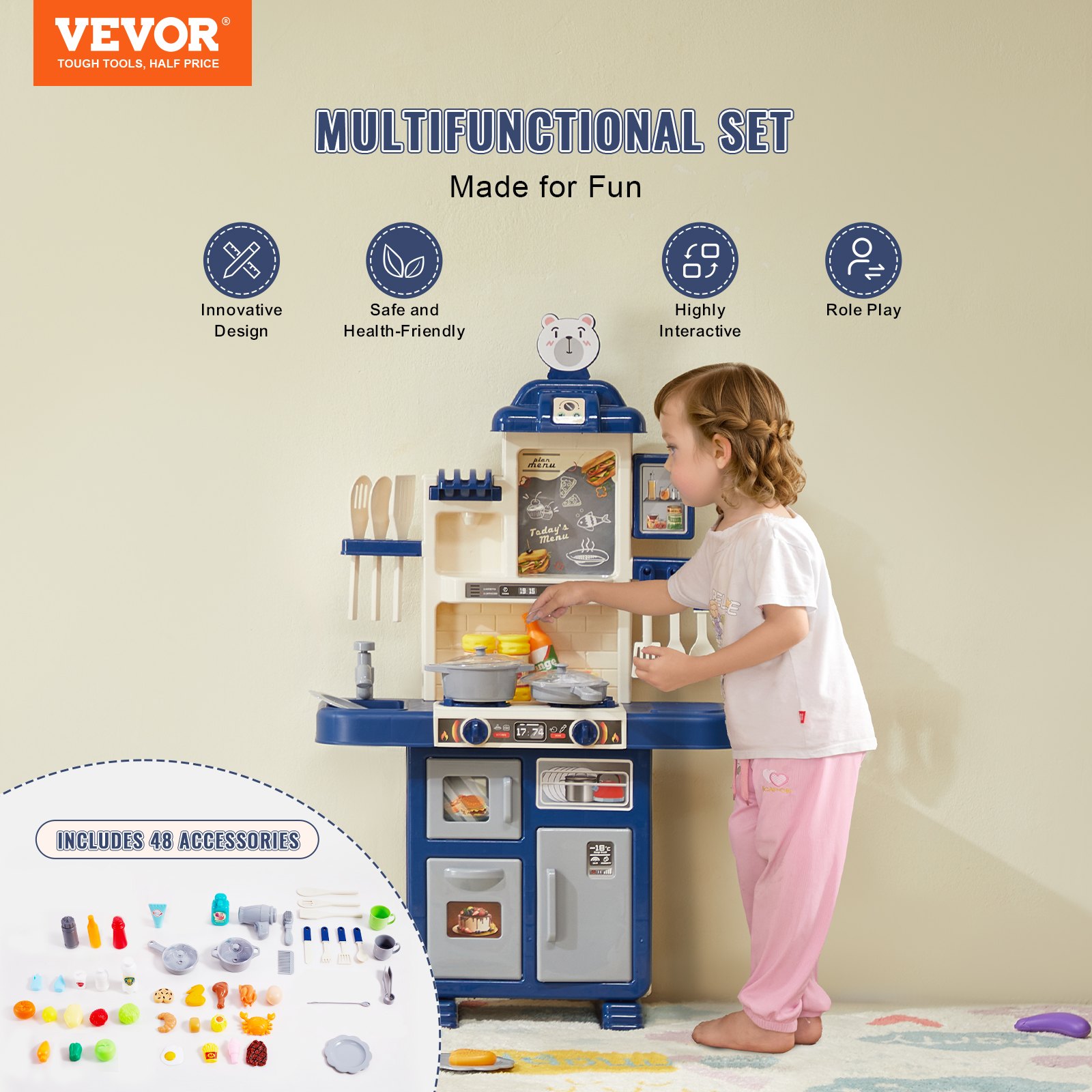 VEVOR Kids Kitchen Playset, Toddler Kitchen with Cooking Stove with ...