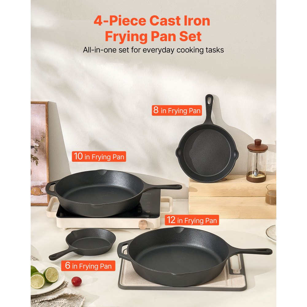 VEVOR Cast Iron Skillet, 4 Pcs Frying Pan Set (155, 205, 260, 305 mm ...