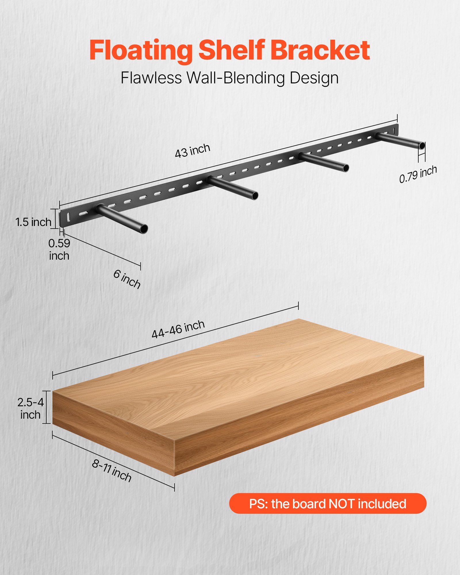 VEVOR Floating Shelf Bracket – 230 lbs, 43x6.2x1.5 Inch