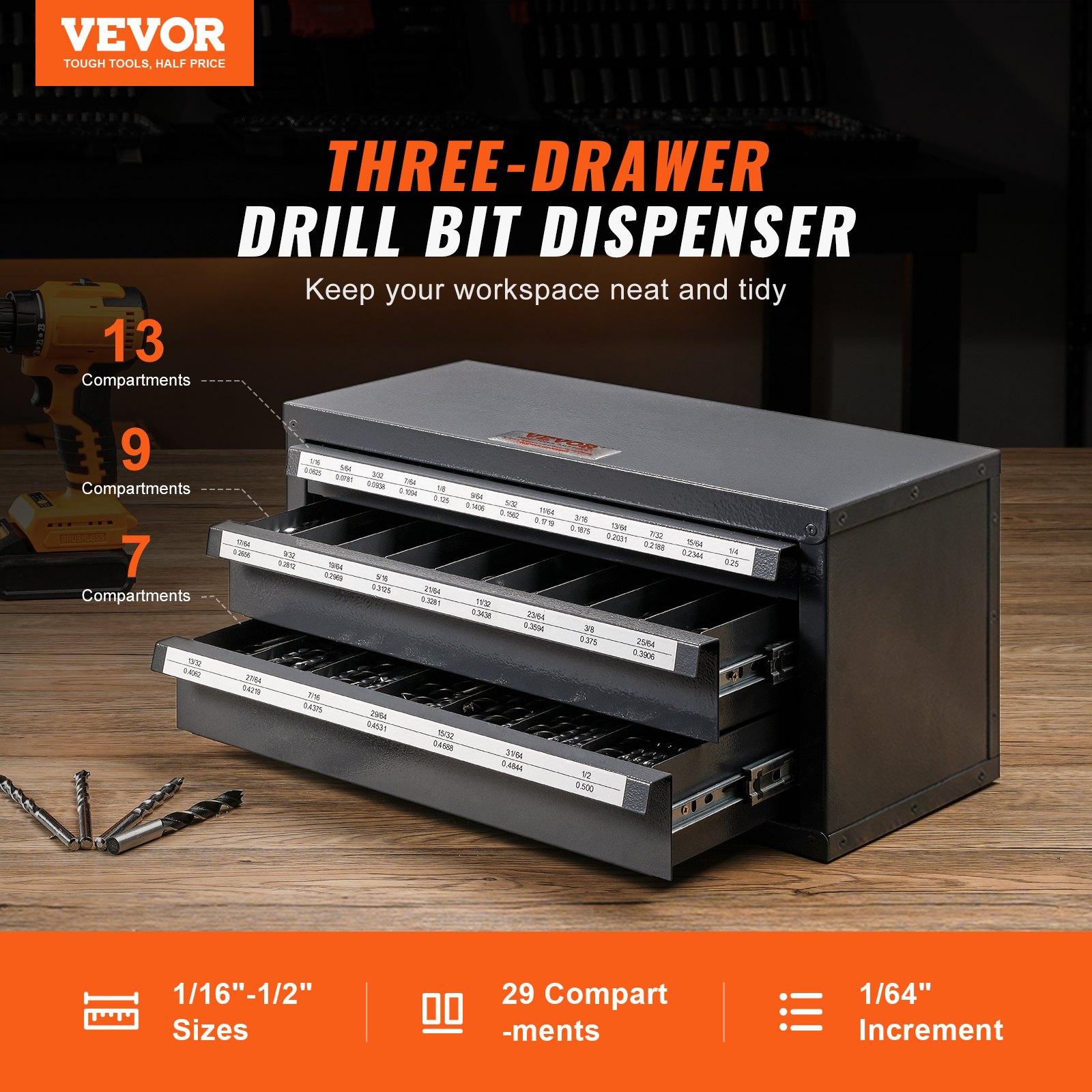 VEVOR Drill Bit Dispenser Cabinet, Three-Drawer Drill Bit Organizer ...