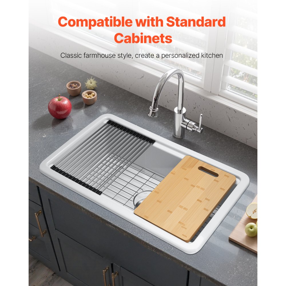 VEVOR 84cm Farmhouse Sink, White Sink Workstation, Fireclay Undermount ...