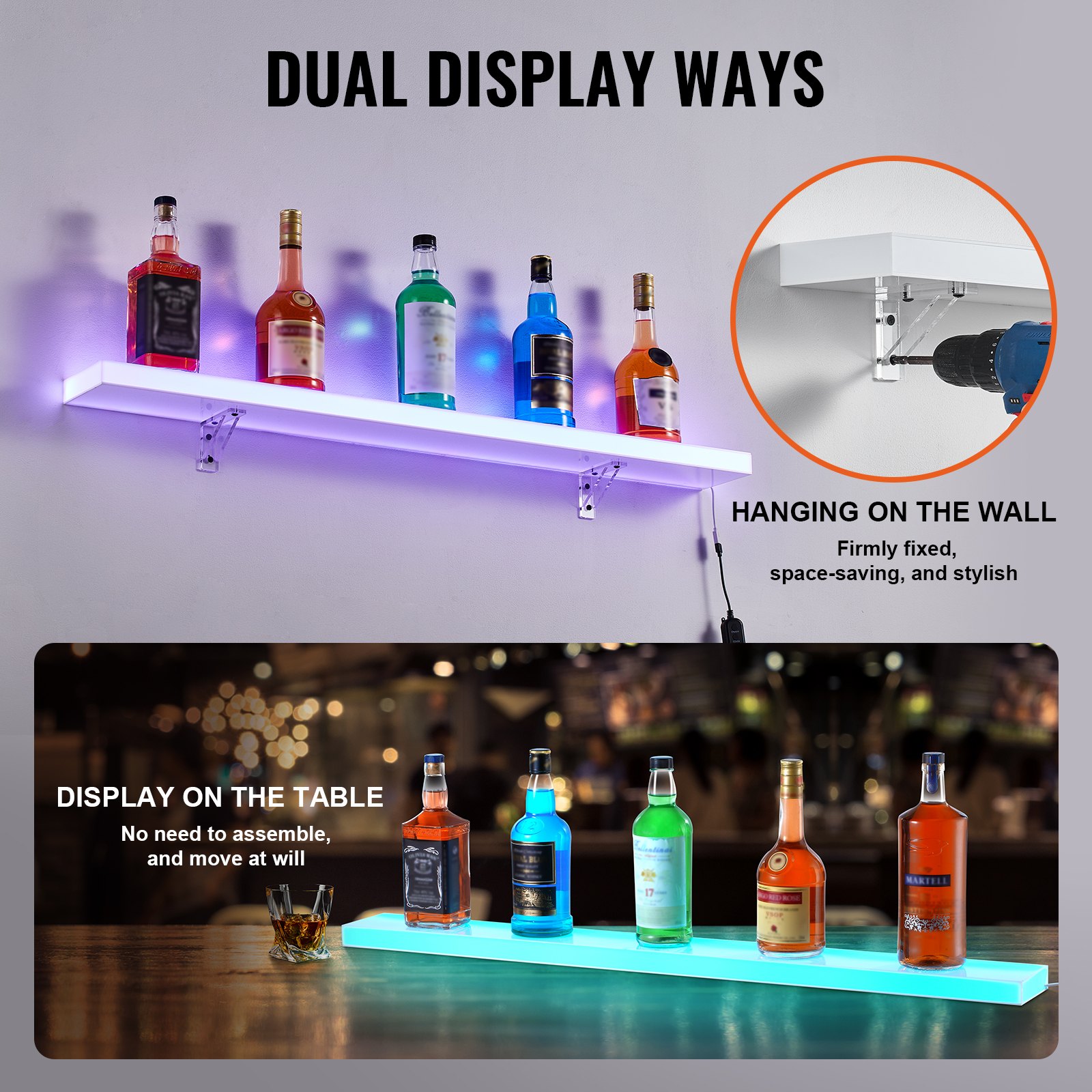 VEVOR Wall Mounted LED Lighted Liquor Bottle Display Home Bar Shelf 40 ...