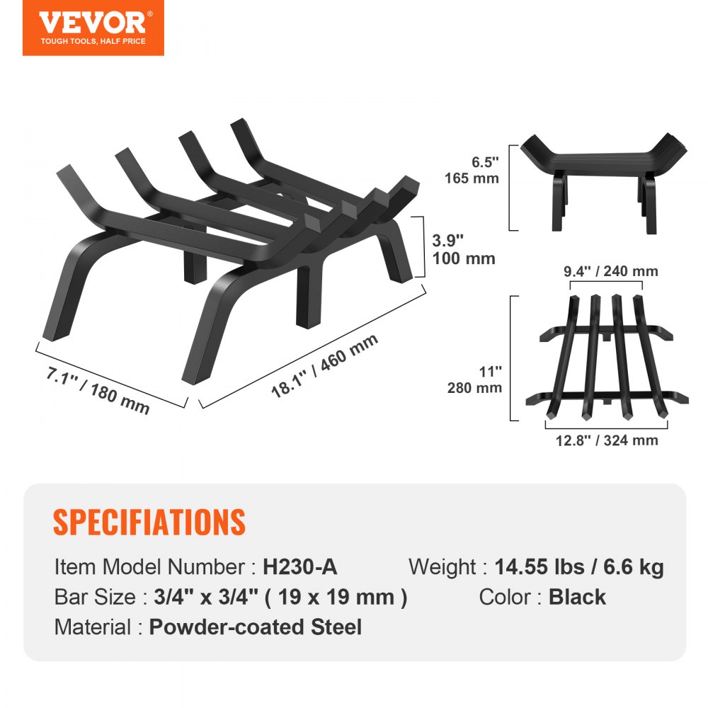 VEVOR Fireplace Log Grate, 18 inch Heavy Duty Fireplace Grate with 6 ...