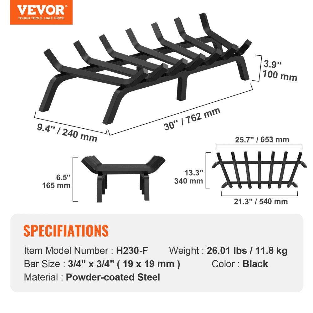 VEVOR Fireplace Log Grate, 762mm Heavy Duty Fireplace Grate with 6 ...