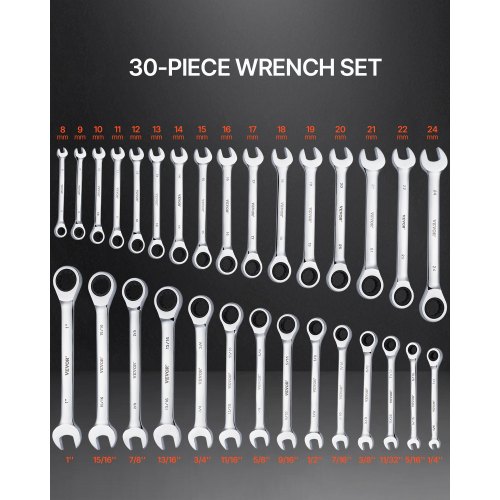 Combination Wrench Set 30 PCS SAE 1/4" to 1", Metric 8mm to 24mm Organizer Rack | VEVOR US